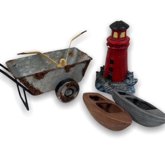 Accents | Miniature Village Lot Rusted Wheelbarrow Lake House ...